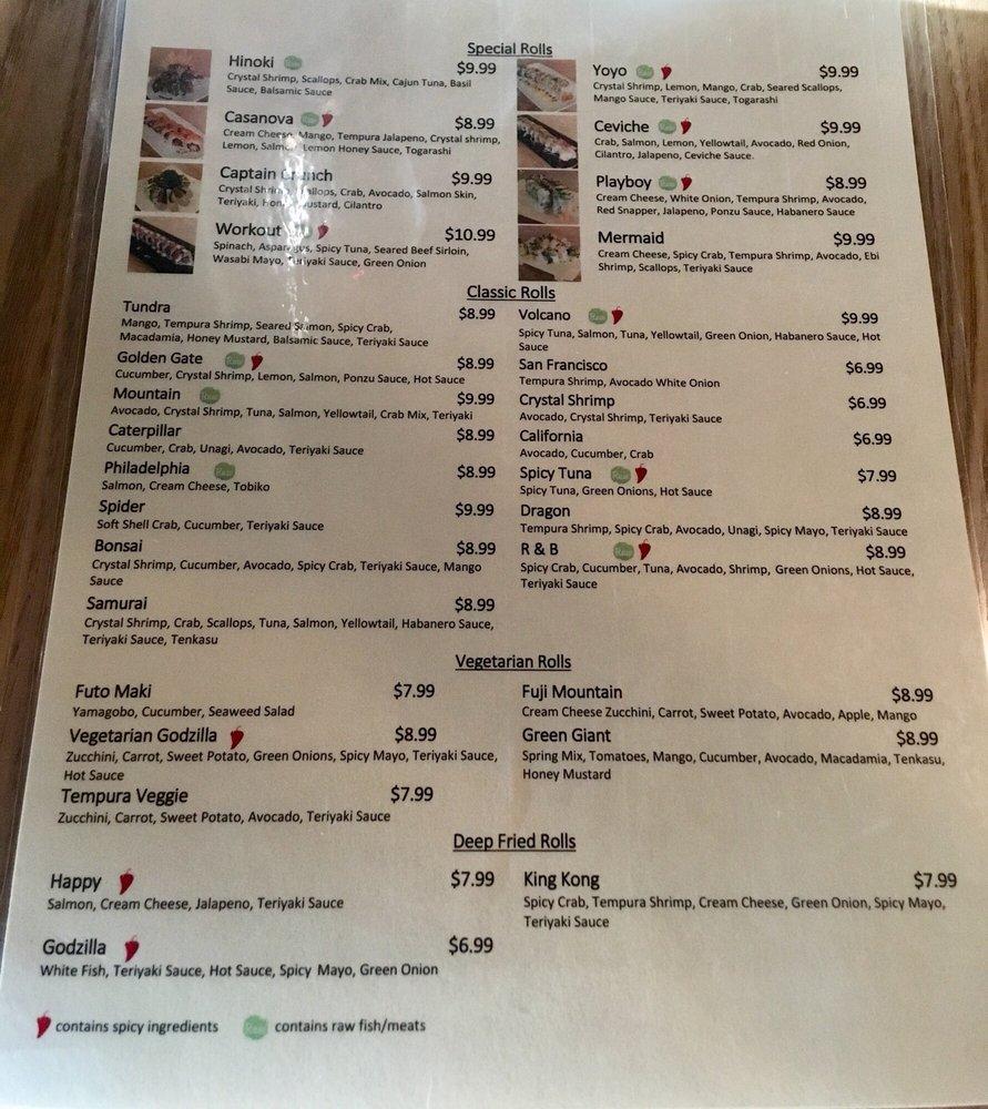 Menu at Hinoki Sushi restaurant, Reno