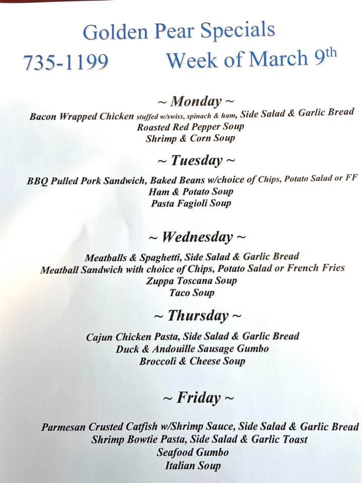 Menu at Kurt & Judy's Golden Pear, LLC restaurant, Bogalusa