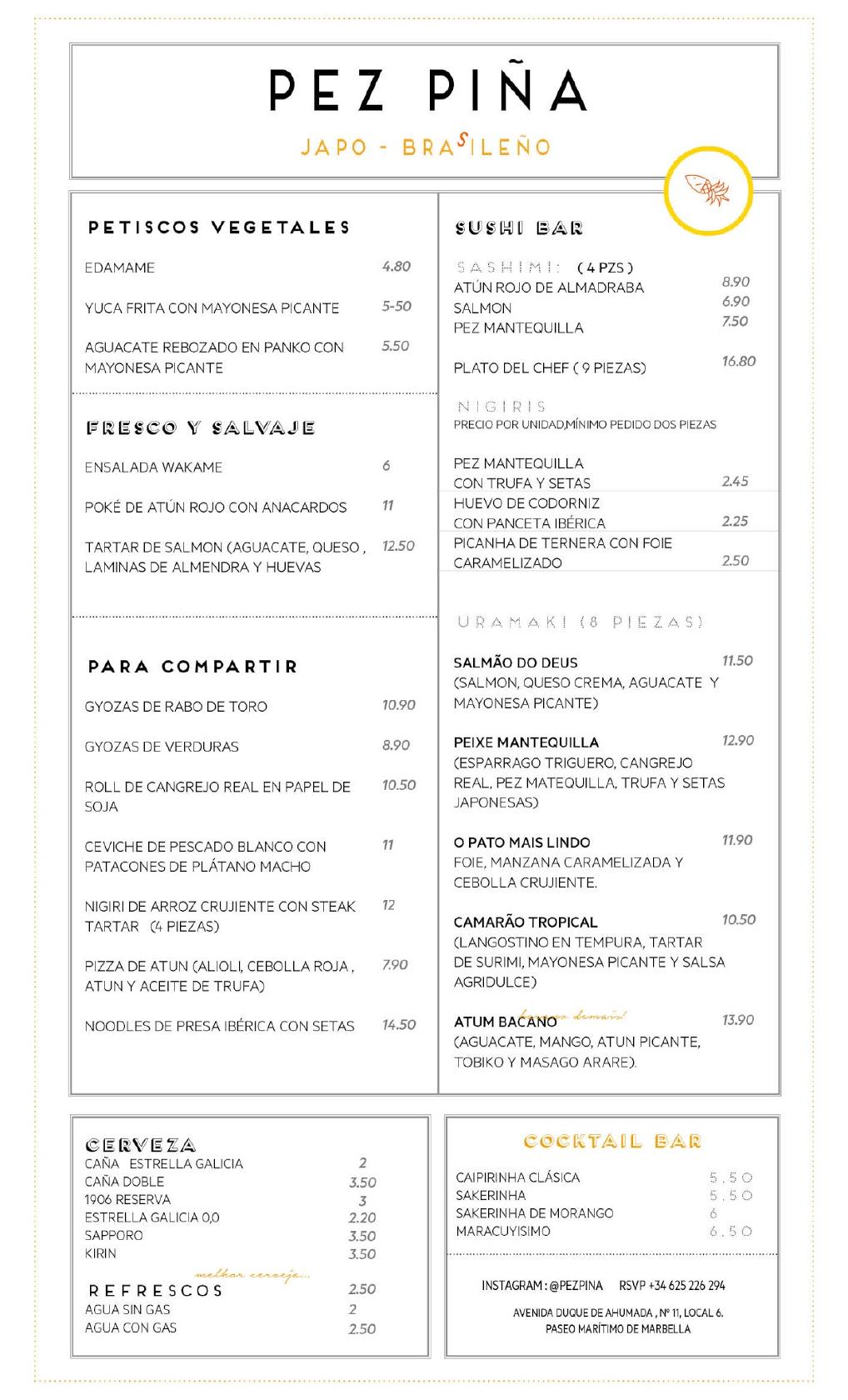 Menu at Pez Piña Marbella restaurant, Marbella