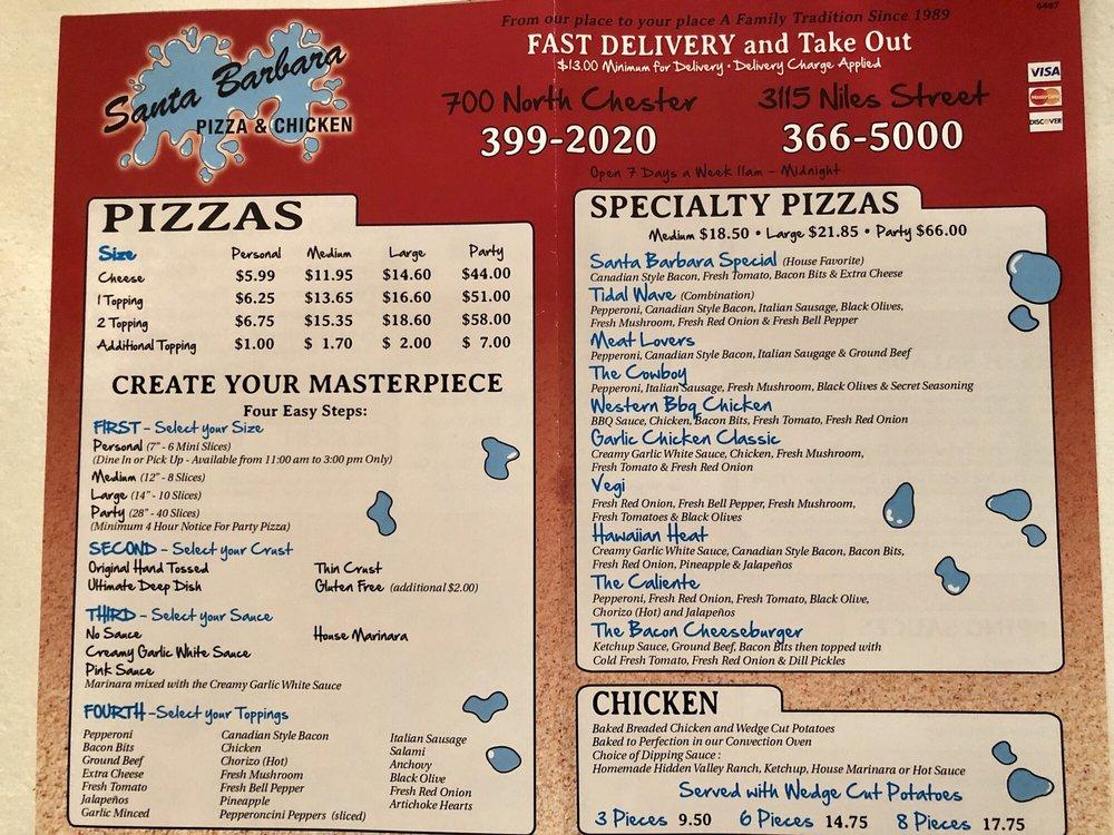 Carta de Santa Barbara Pizza & Chicken, Bakersfield, 700 N Chester Ave