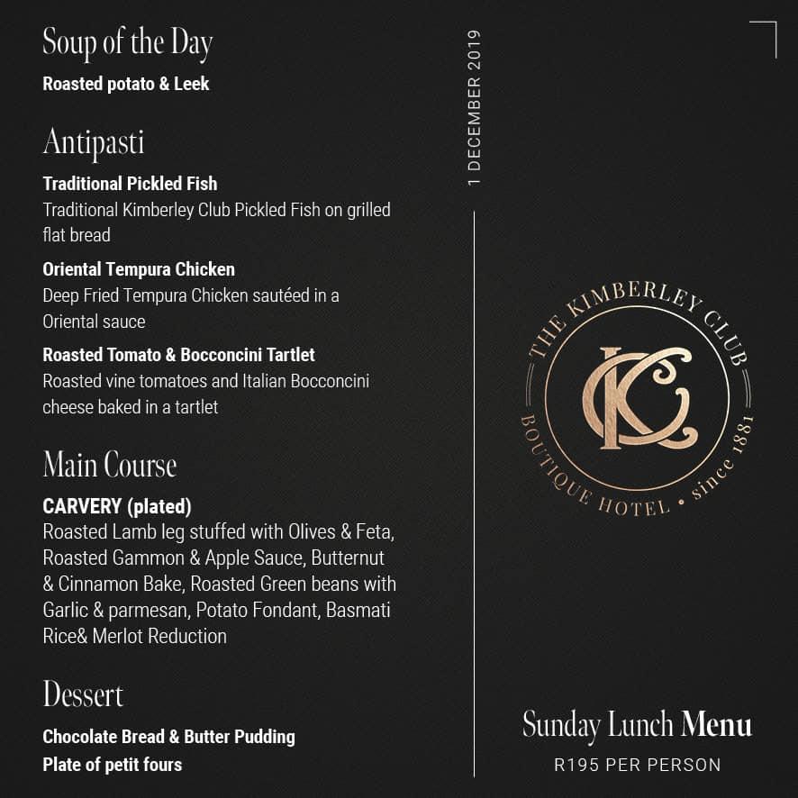 Menu at The Kimberley Club Hotel, Kimberley