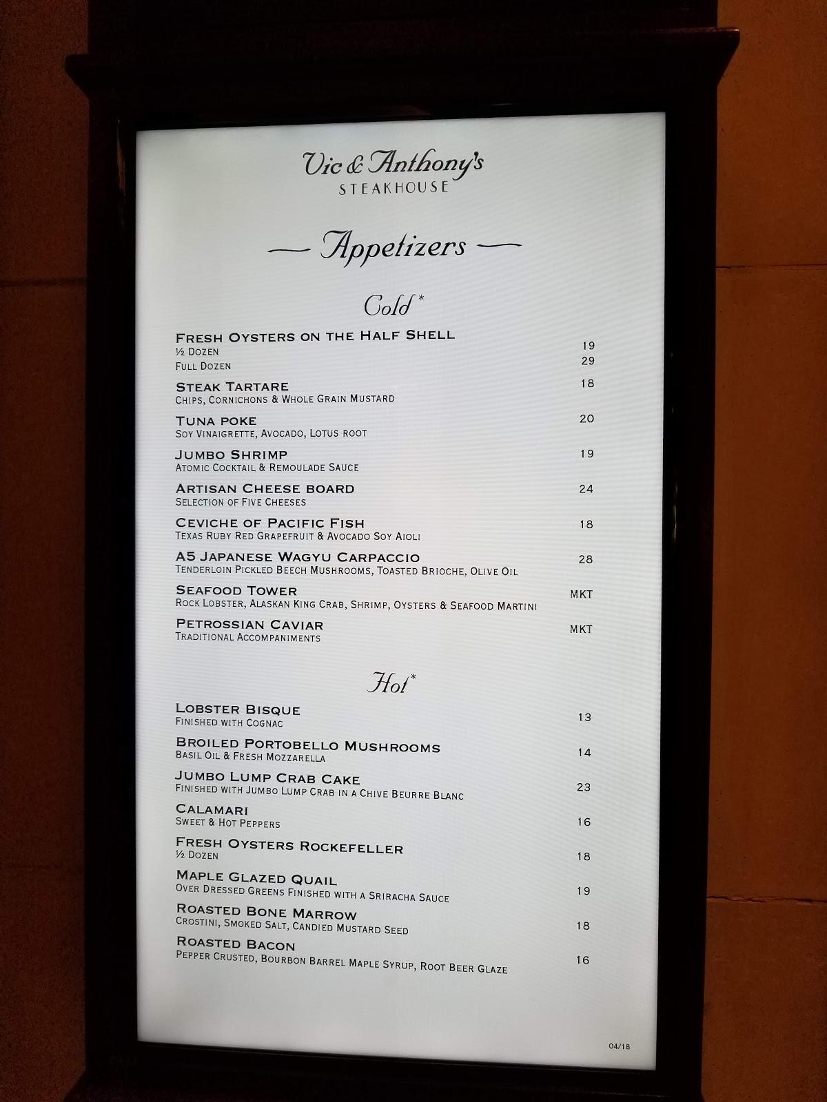 Menu at Vic & Anthony's Steakhouse, Las Vegas