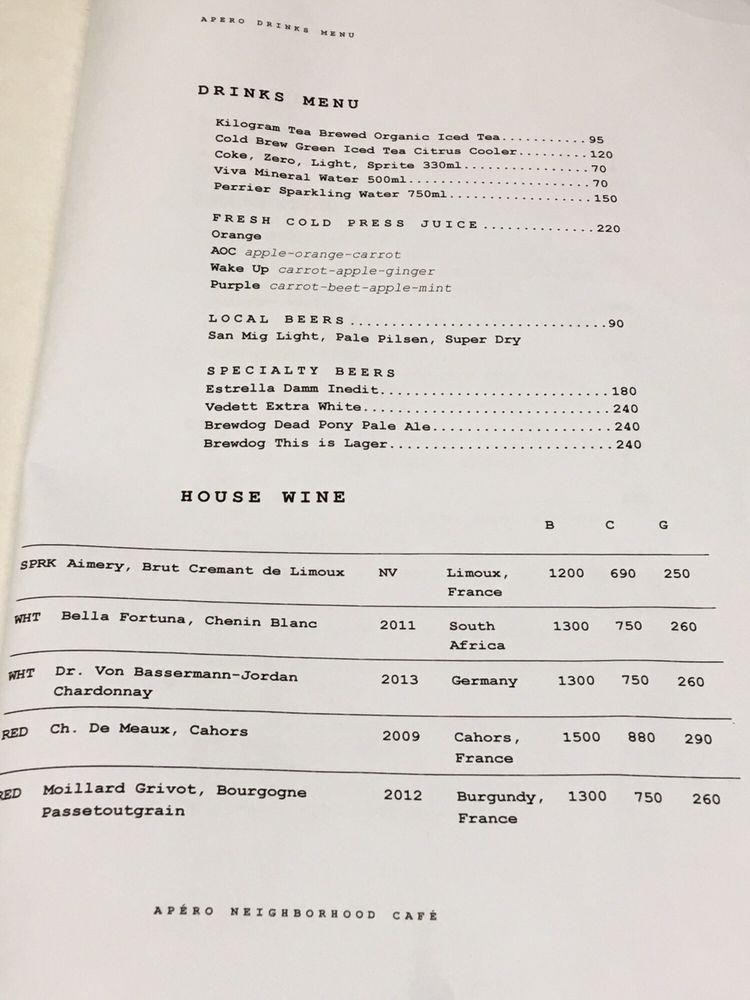 Menu at Apero restaurant, Quezon City