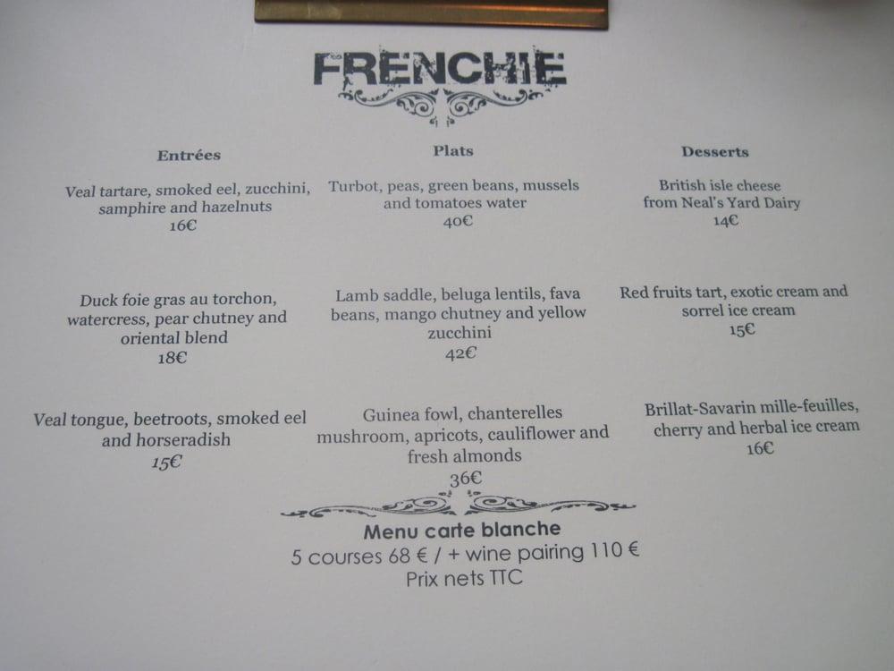 Menu at Frenchie restaurant, Paris, 5 Rue du Nil