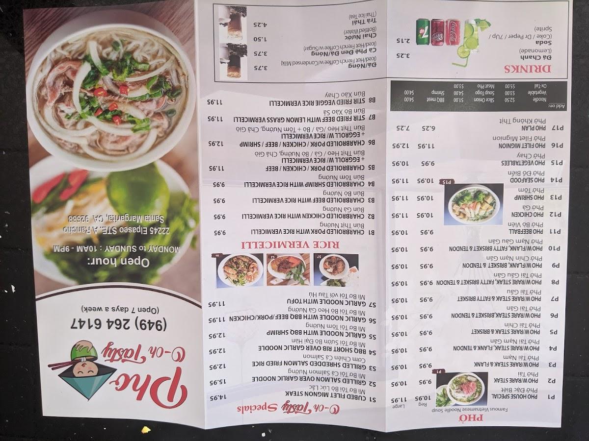 Menu at Pho O-Oh Tasty restaurant, Rancho Santa Margarita