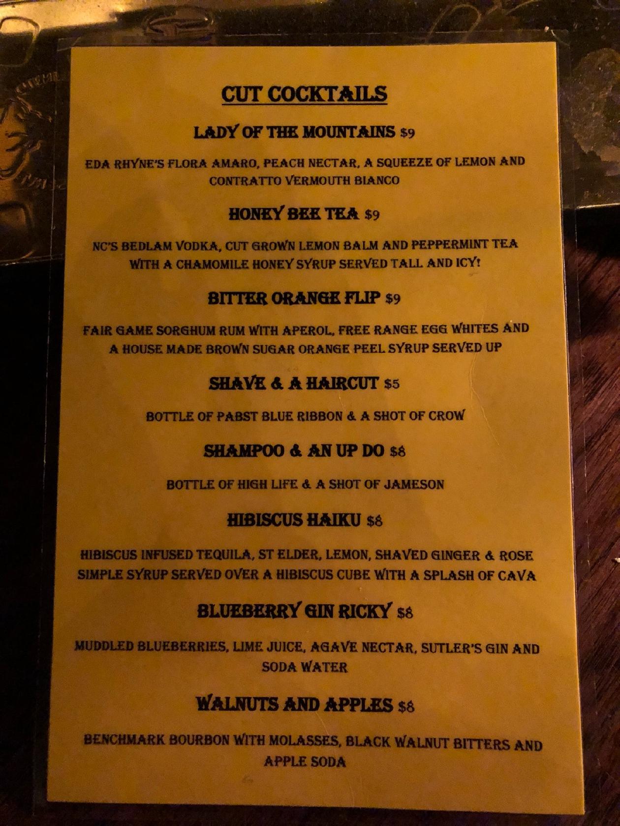 Menu at The Cut Cocktail Lounge pub & bar, Sylva