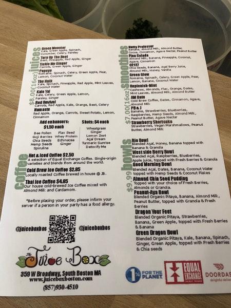 Menu at The Juice Box pub & bar, Boston, 359 W Broadway