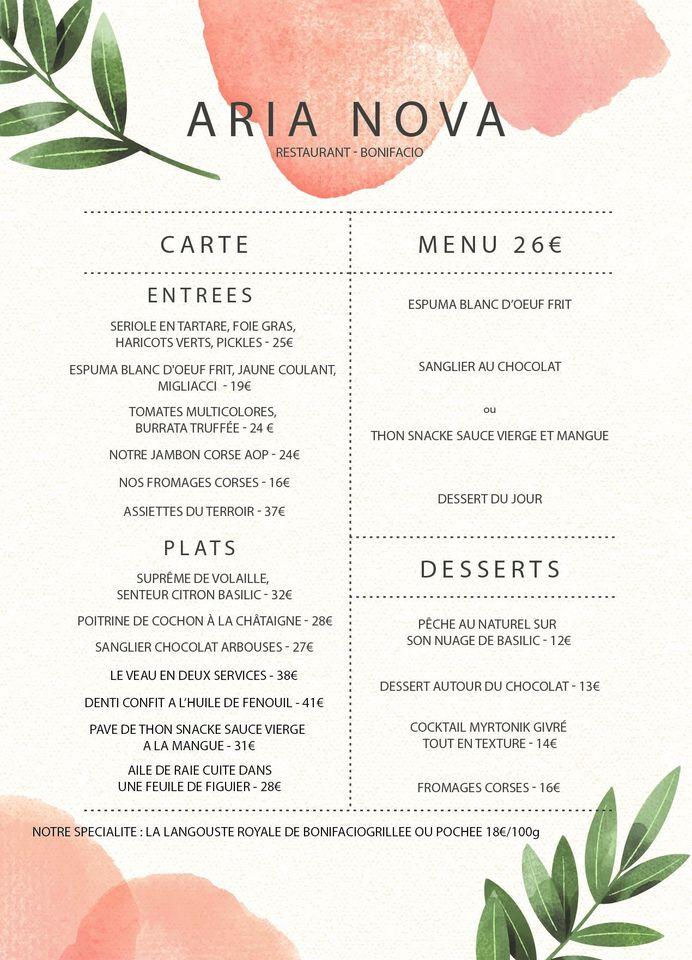 Menu at Restaurant Aria Nova, Bonifacio