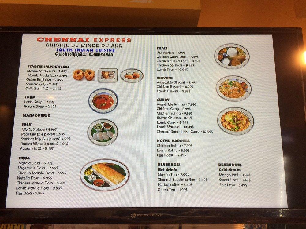 Menu at Chennai Express (South Indian Cuisine) restaurant, Montréal