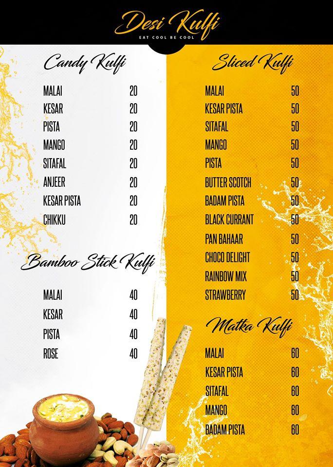 Menu at DESI KULFI, Manipal