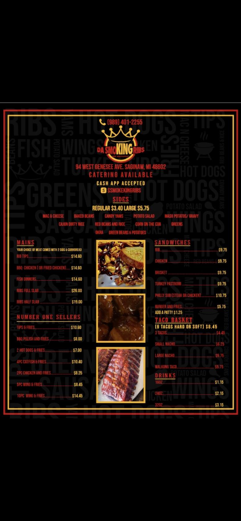 Menu at Da Smoking Ribs restaurant, Saginaw