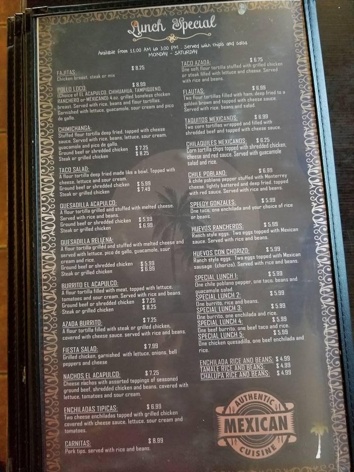 Menu at El Acapulco restaurant, Pocahontas, US-67