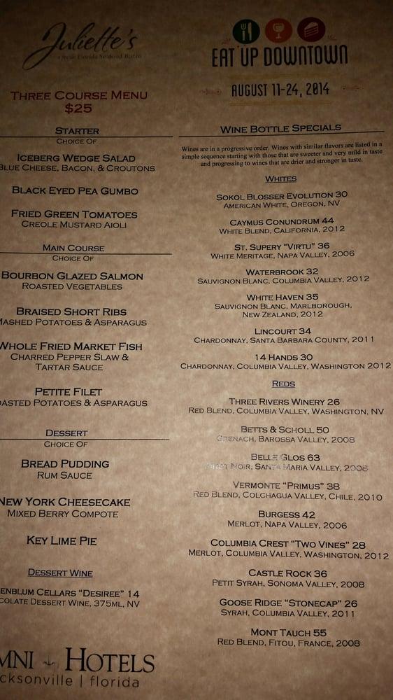 Menu at Juliette's Bistro restaurant, Jacksonville