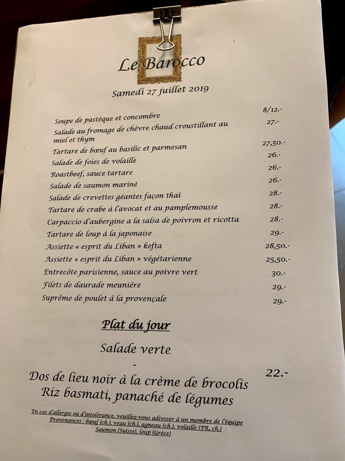 Menu au Le Barocco, Genève