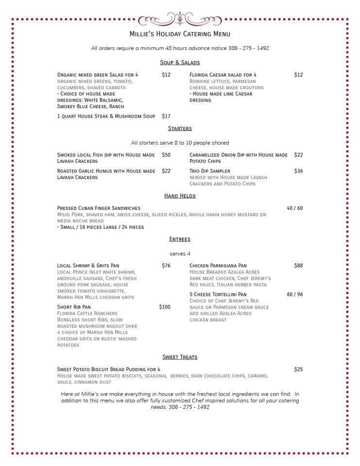 Menu at Millie's Restaurant & Catering, Daytona Beach Shores