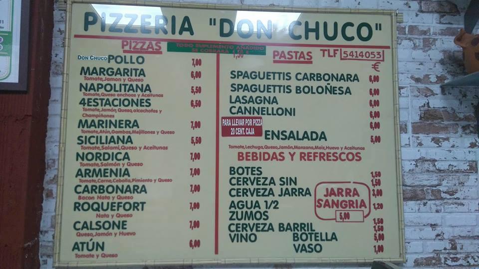 Menu at Don Chuco pizzeria, Santa Pola, Calle Hernán Cortés