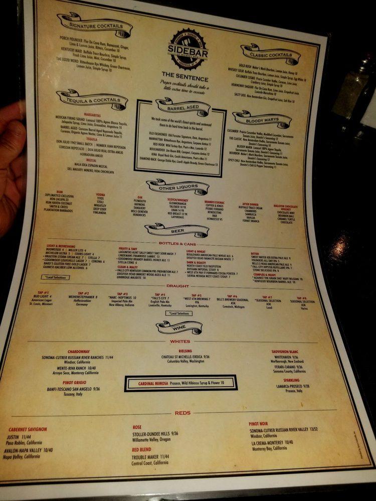 Menu at Sidebar At Whiskey Row, Louisville