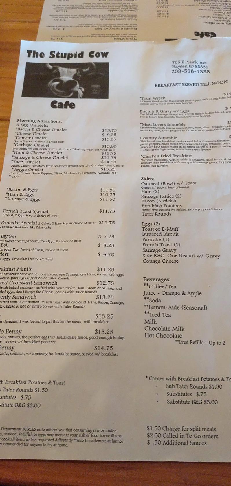 Menu at Stupid cow cafe' Hayden, Hayden
