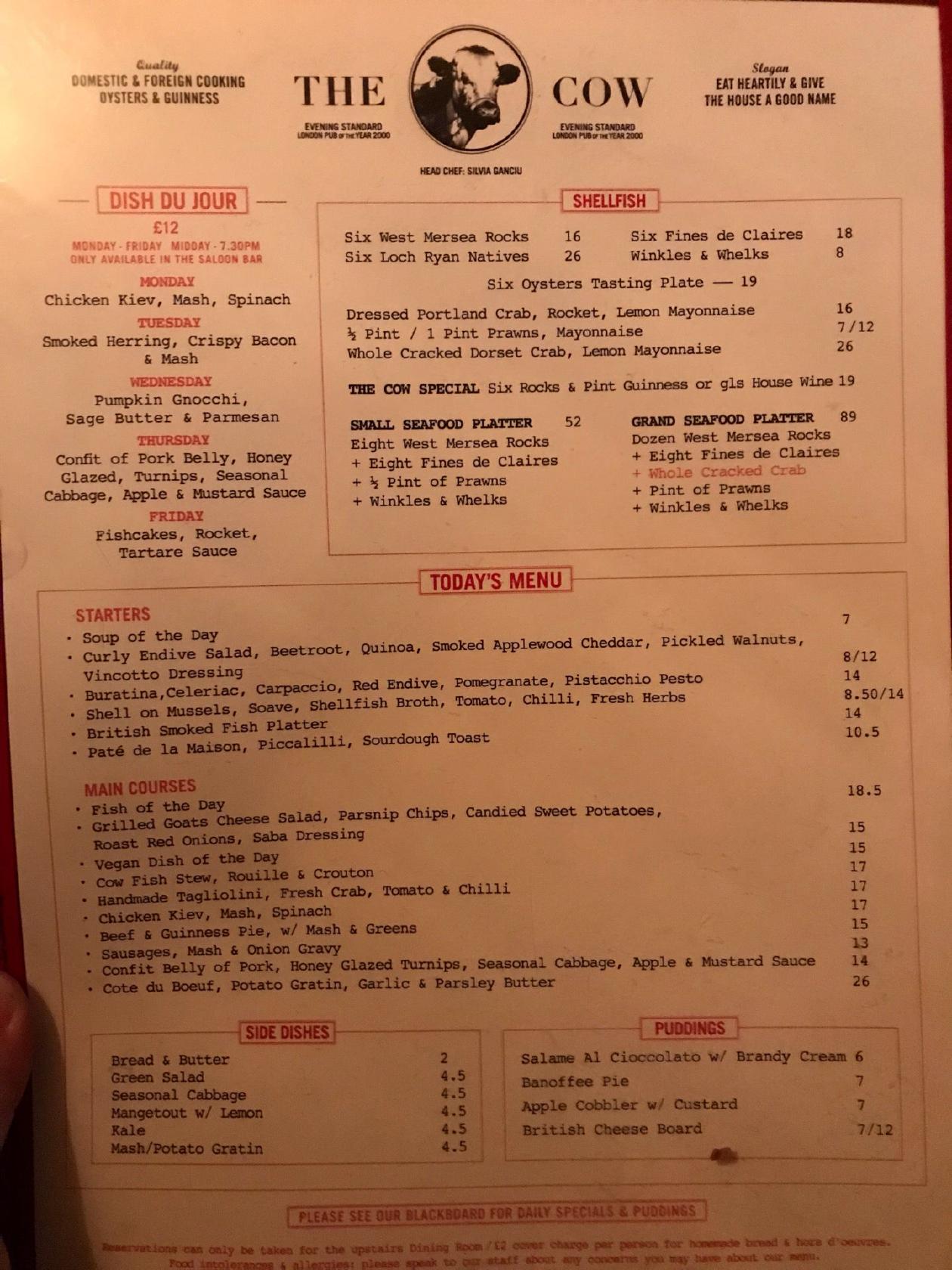 Menu at The Cow pub & bar, London, 89 Westbourne Park Rd