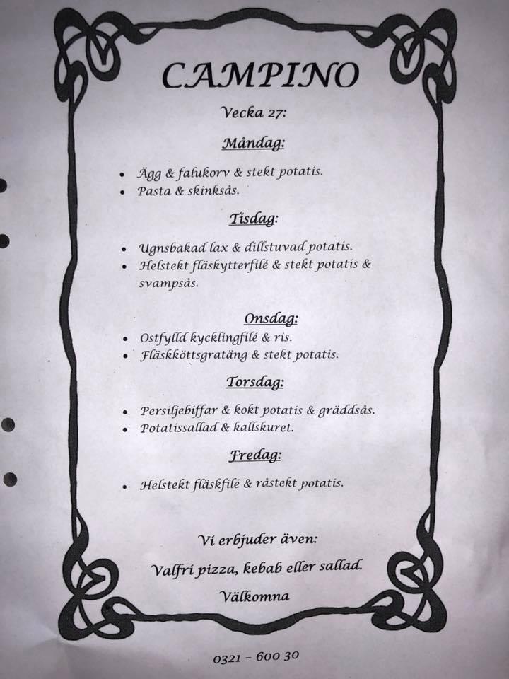 Menu at Campino restaurant, Sweden