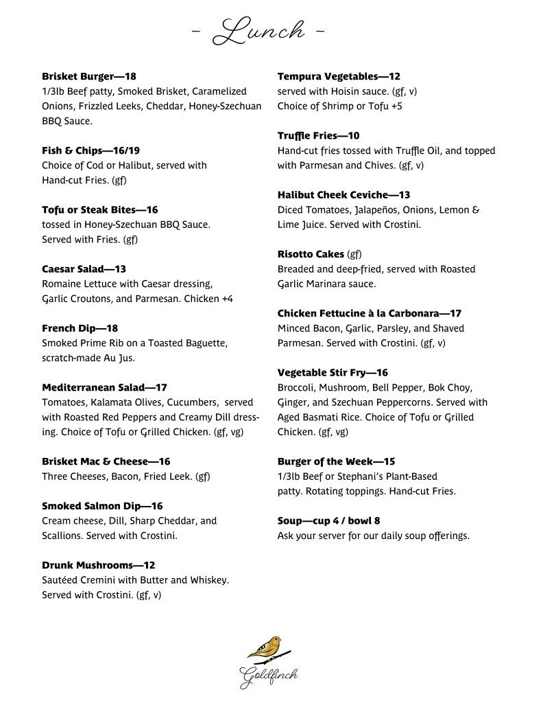 Menu at Goldfinch restaurant, Colville