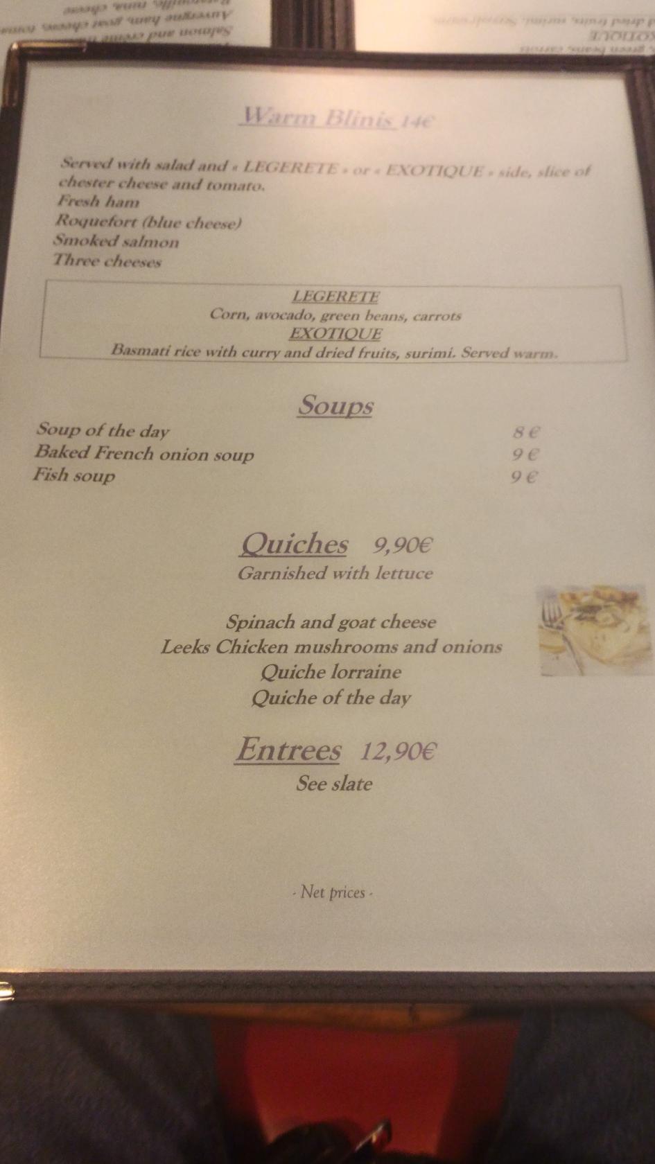 Menu at Pom'Cannelle cafe, Paris, 27 Rue des Deux Ponts