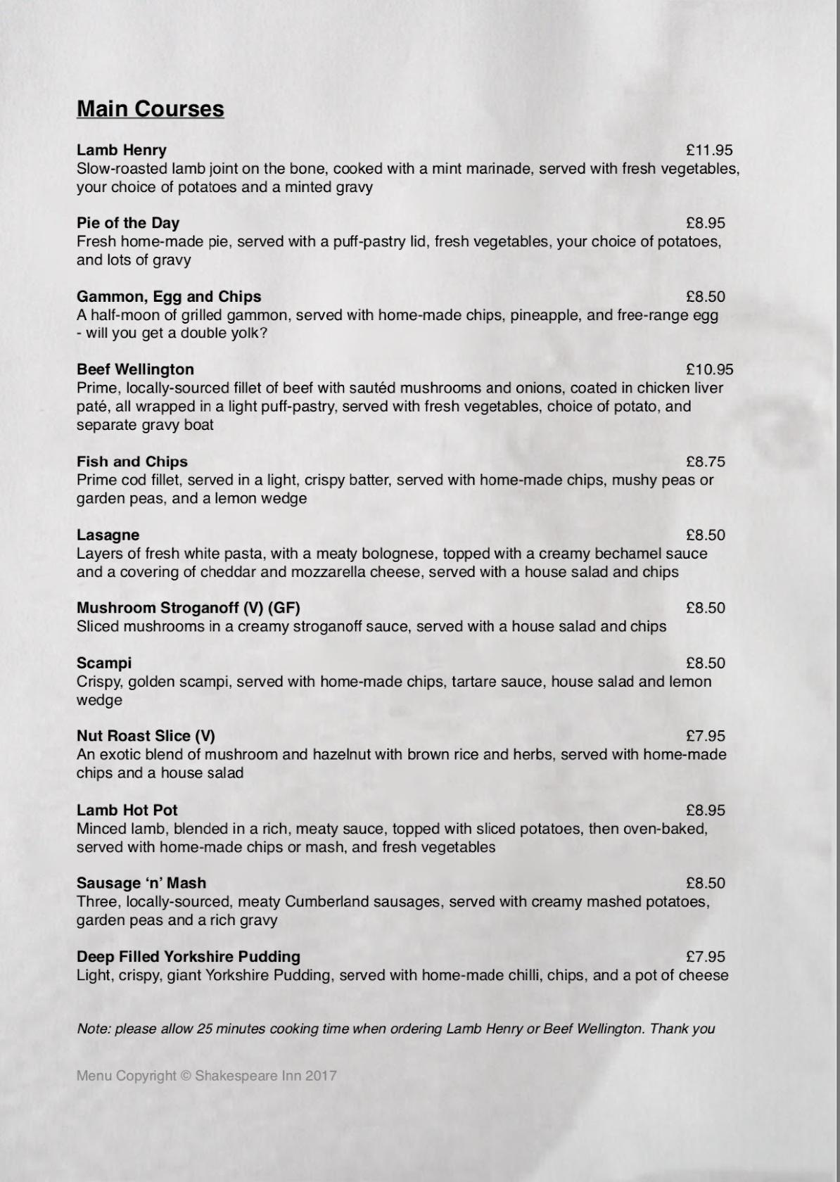 Menu at The Shakespeare Inn (B&B, Accommodation And Eatery) pub & bar ...