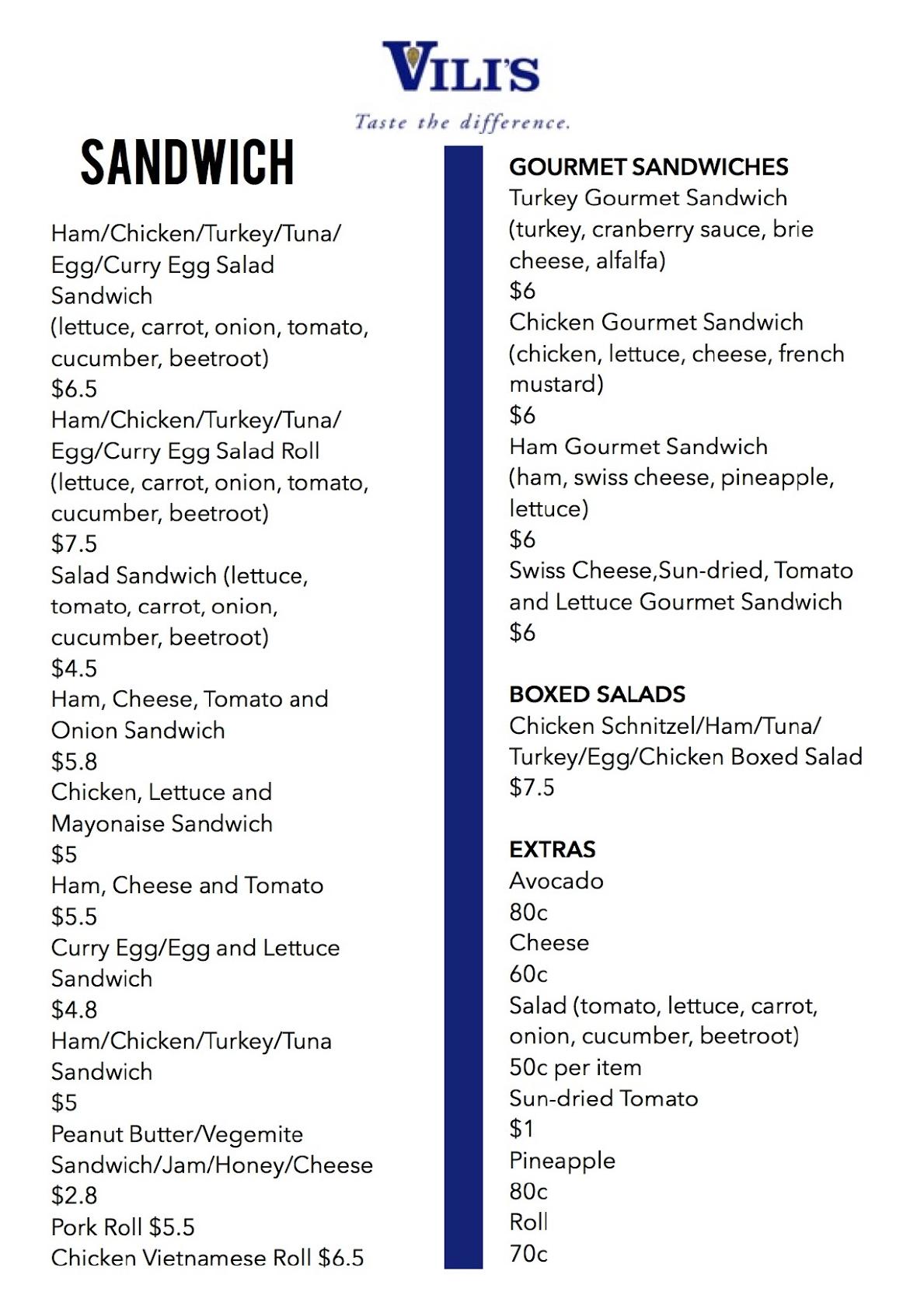 Menu at Vili's Cafe & Bakery, Ourimbah