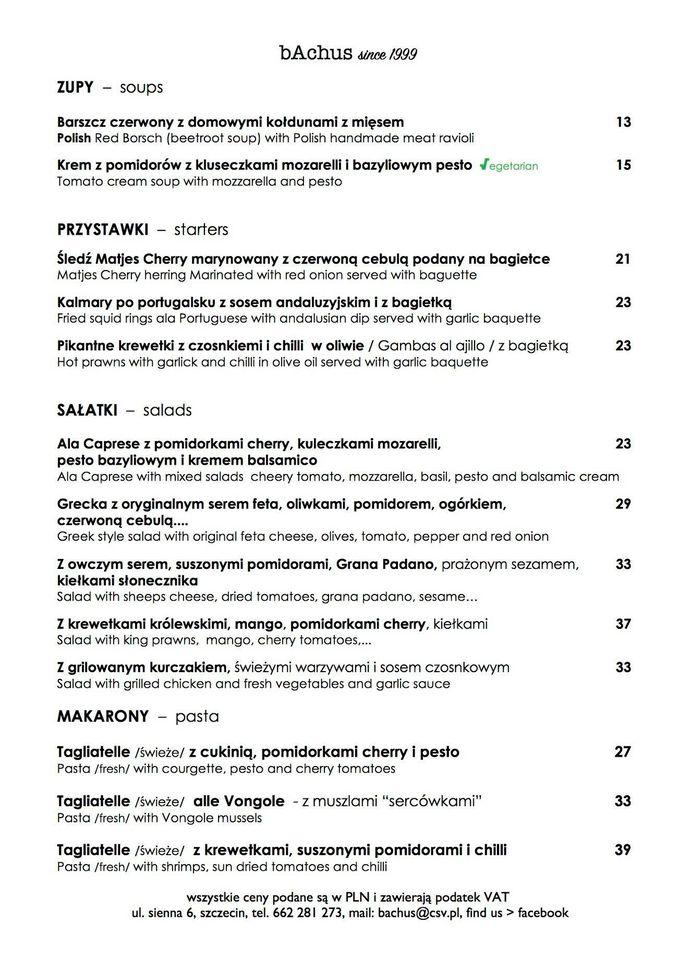 Menu at Bachus pub & bar, Szczecin