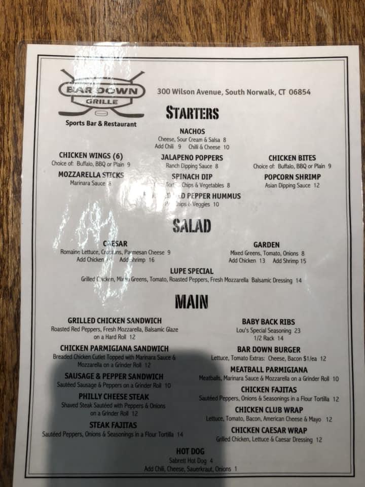 Menu at Bar Down Grill & Sports Bar, Norwalk