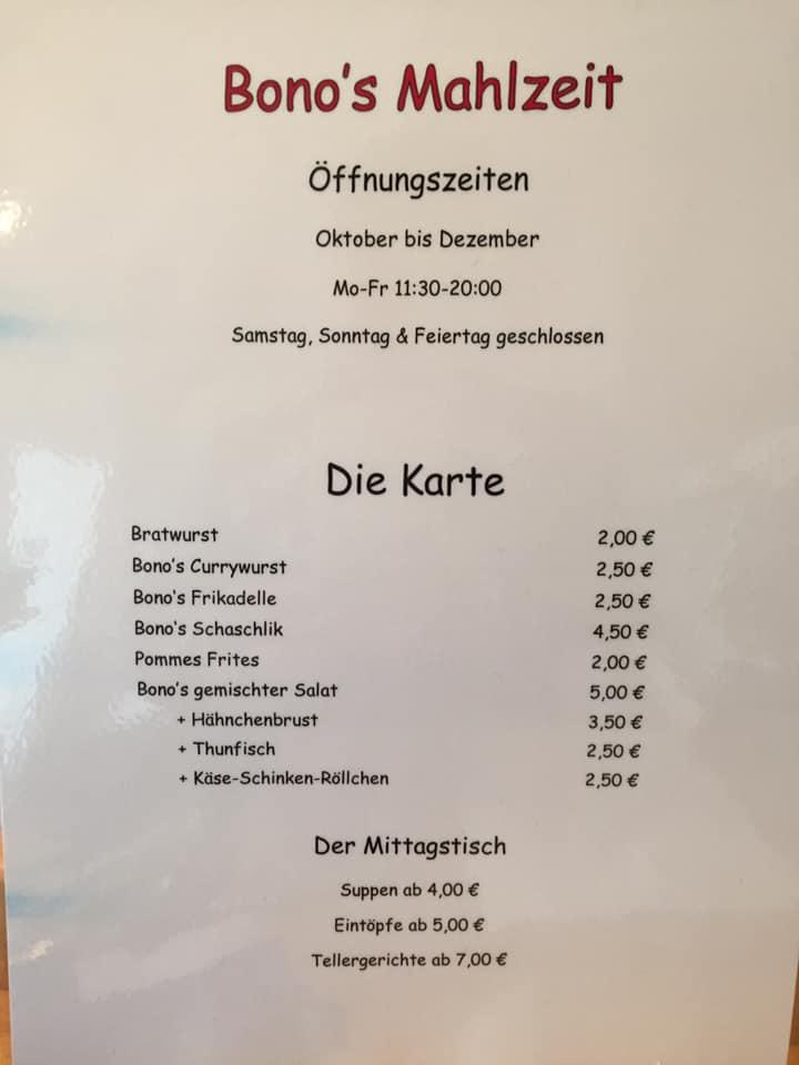 Menu at Bono's Mahlzeit restaurant, Bochum, Varenholzstraße 125