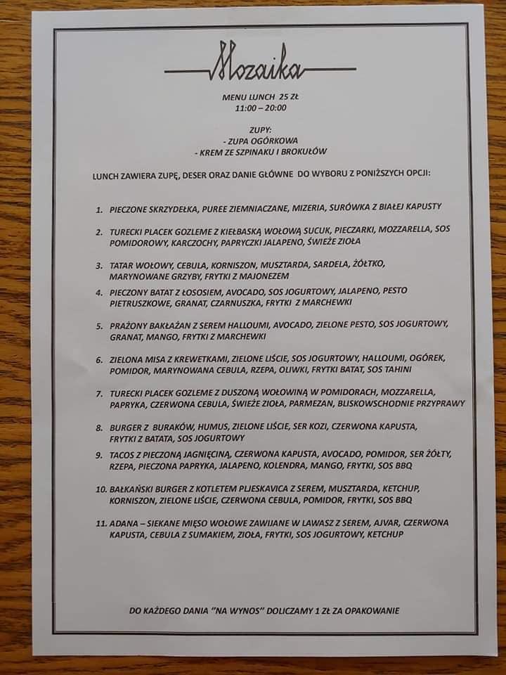 Menu at Cafe Mozaika, Warsaw