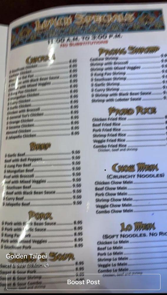 Menu at Golden Taipei restaurant, Colby