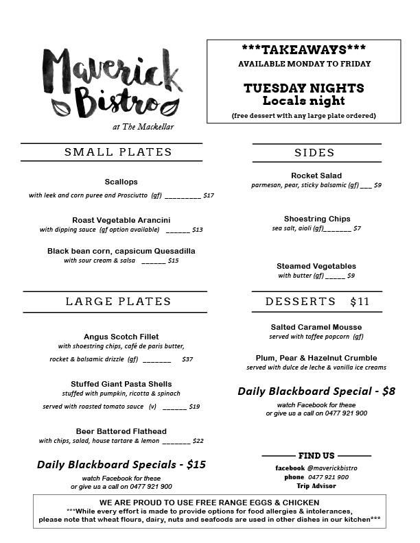 Menu at Maverick Bistro restaurant, Gunnedah