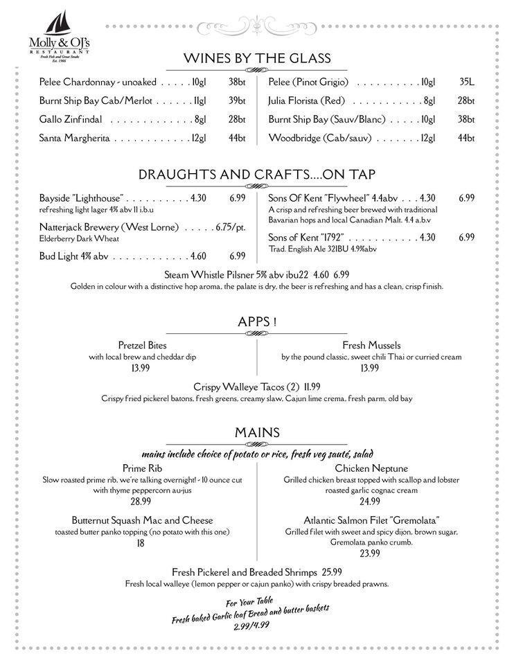 Menu at Molly & OJ's Restaurant, Erieau