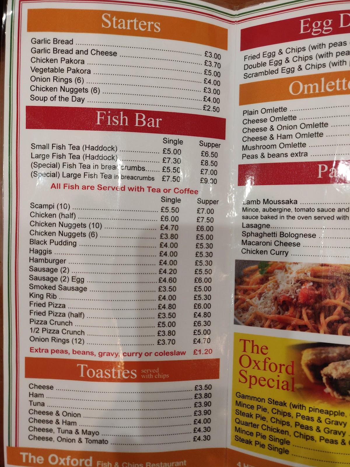 Menu at The Oxford restaurant, Glasgow