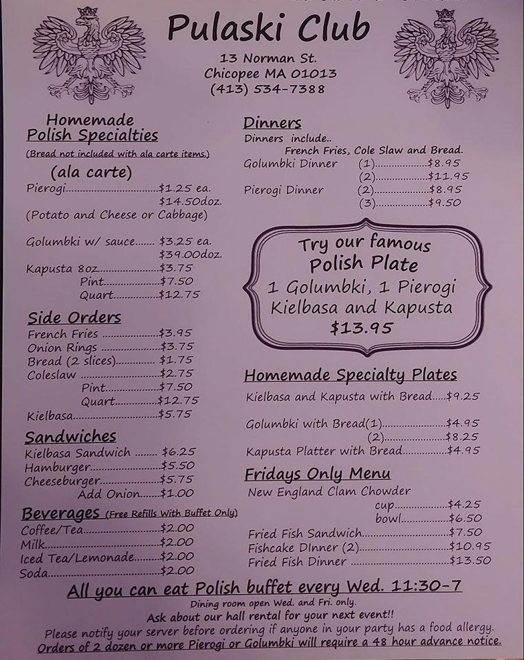 Menu at Pulaski Hall pub & bar, Chicopee