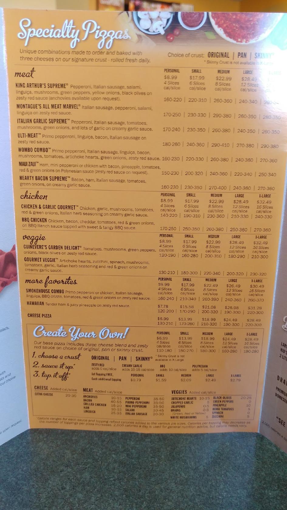 Menu at Round Table Pizza pizzeria, San Carlos