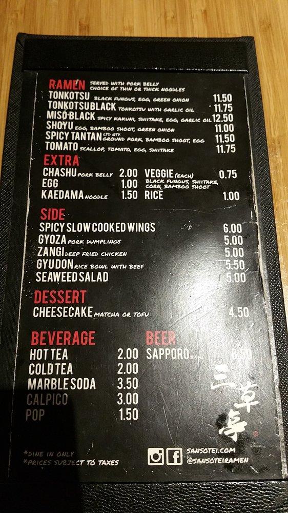 Menu at Sansotei Ramen restaurant, Ottawa, 153 Bank St