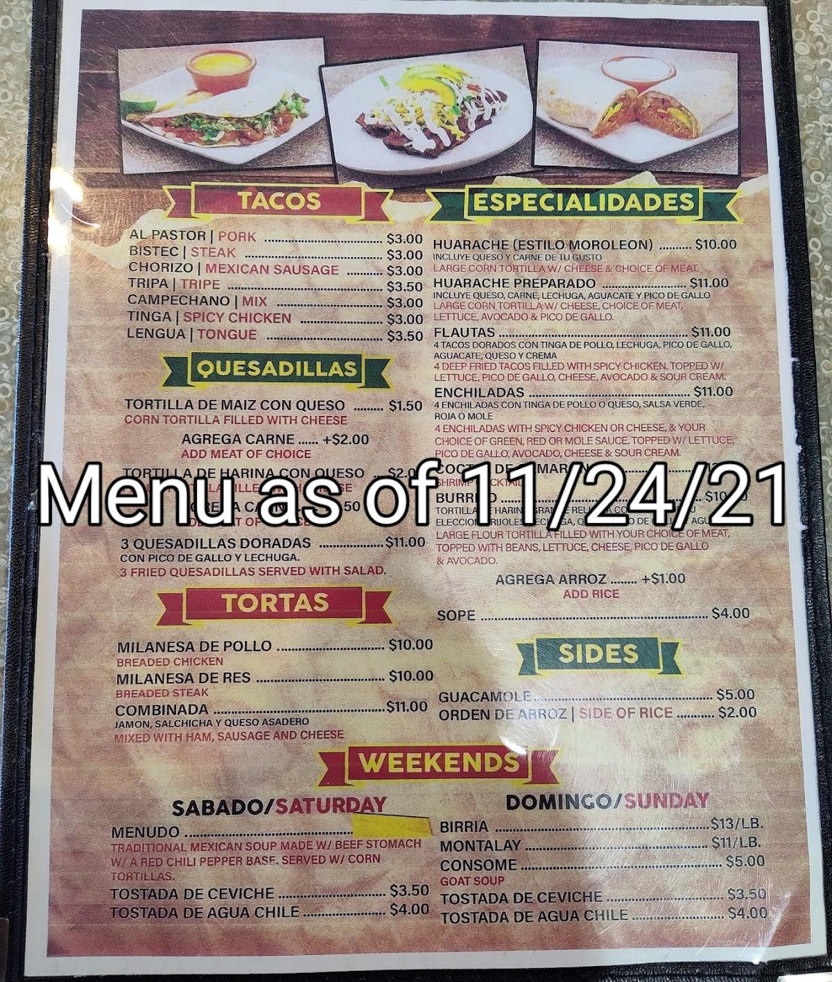 Menu at Taqueria Rojas restaurant, Wilmington