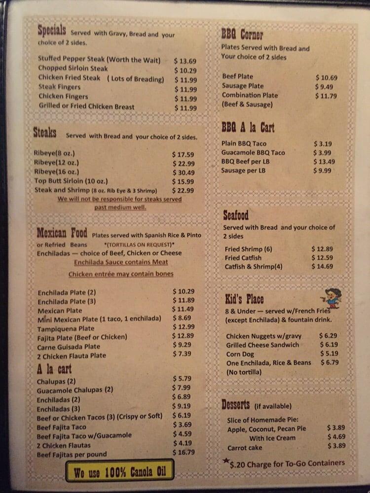 Menu at Country Store restaurant, Cotulla, 78 I-35