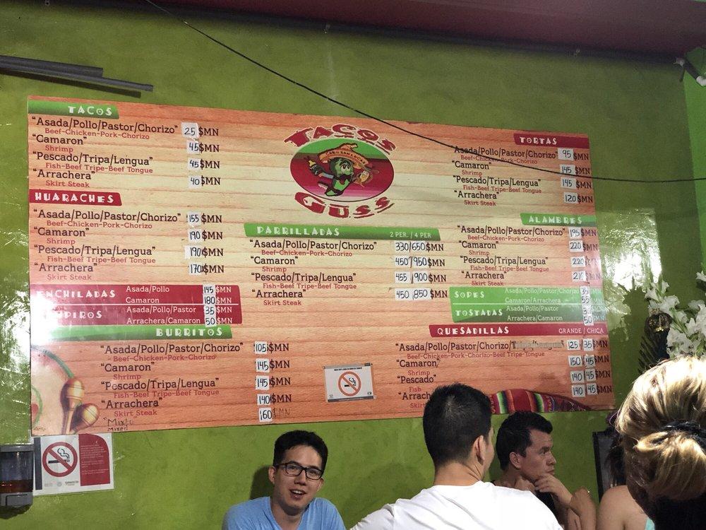 Menu at Guss Tacos restaurant, Cabo San Lucas, Blvd Lazaro Cardenas ...