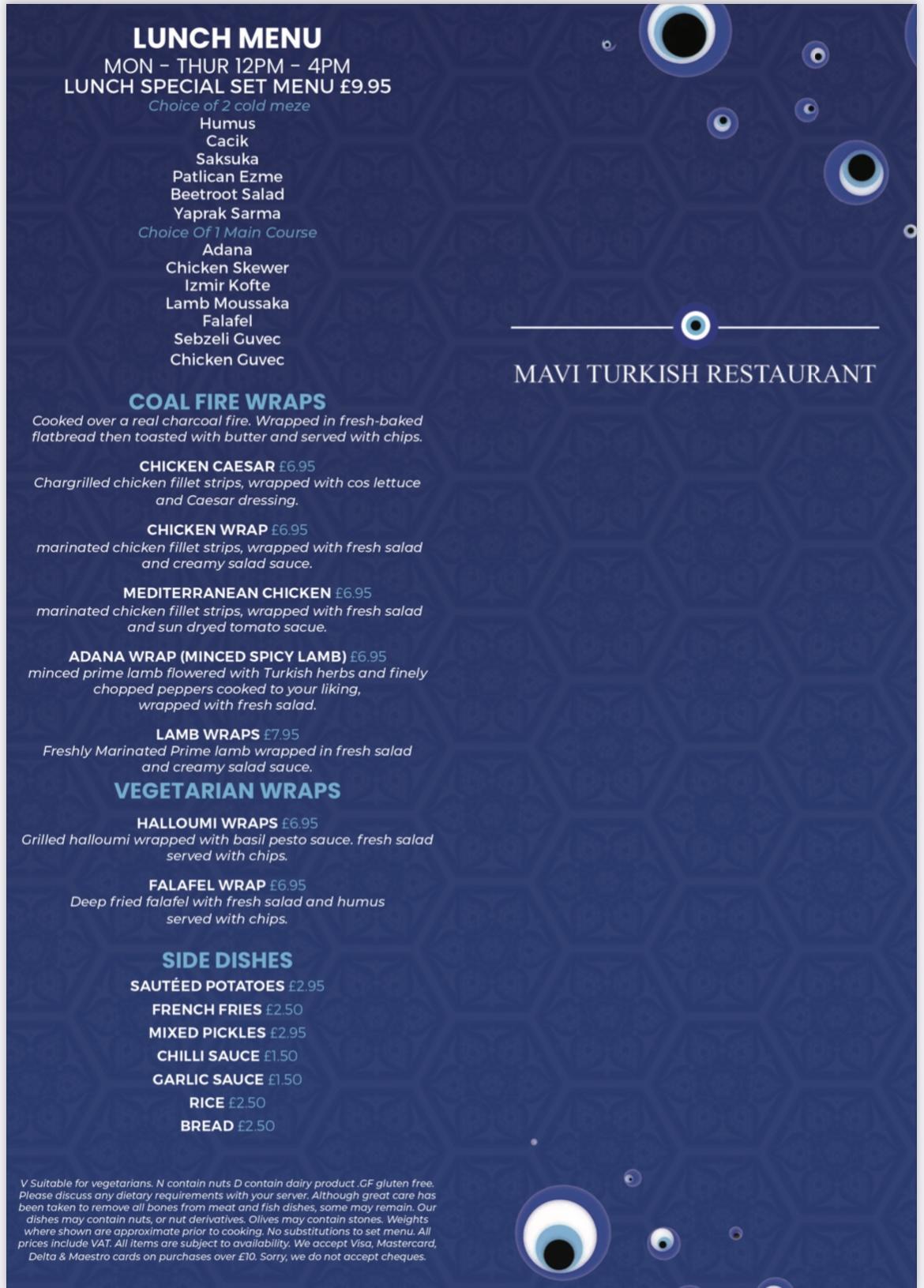 Menu at MAVI Turkish Restaurant, Berwick-upon-Tweed