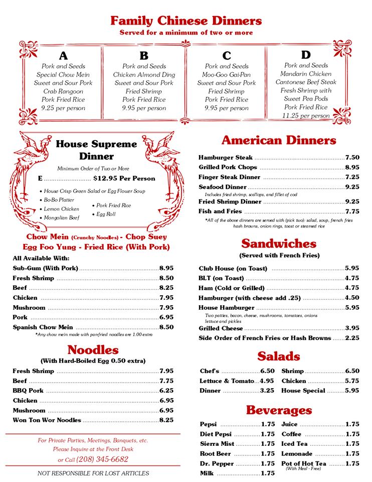 Menu at Mandarin Palace restaurant, Boise