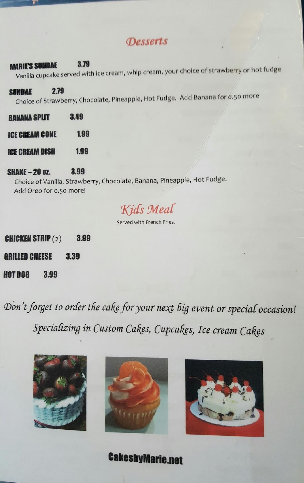 Menu at Marie's restaurant, Pueblo West