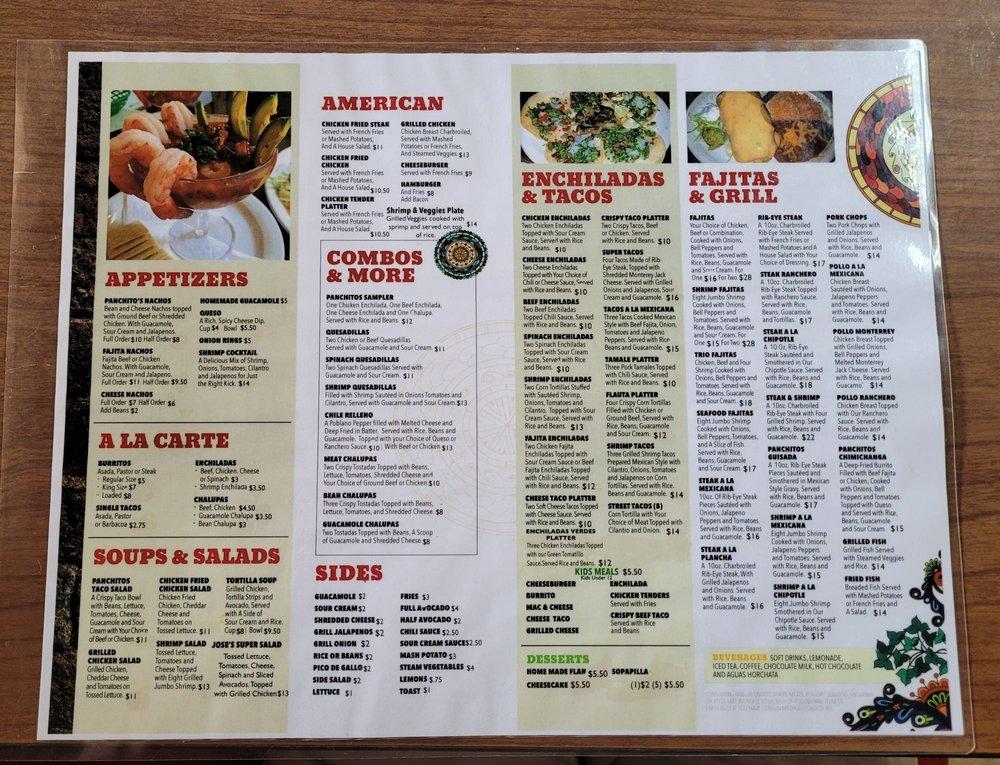 Menu at Panchito's Mexican Restaurant, Granbury
