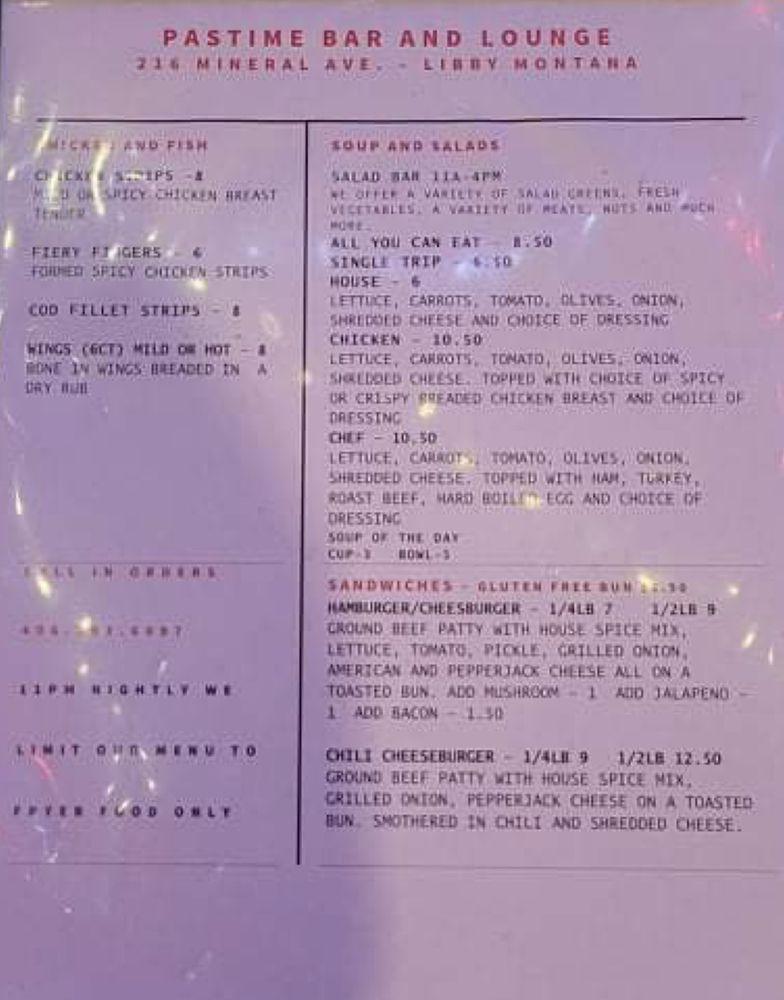 Menu at Pastime Bar and Lounge, LLC, Libby