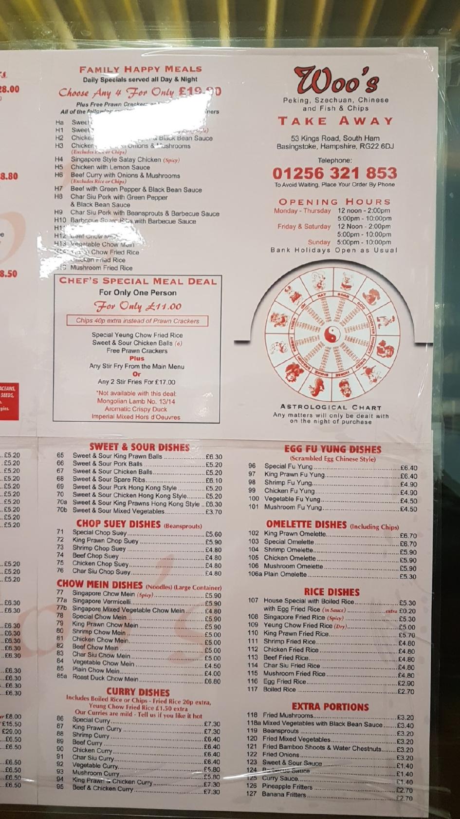 Menu at Woo’s Takeaway fast food, Basingstoke