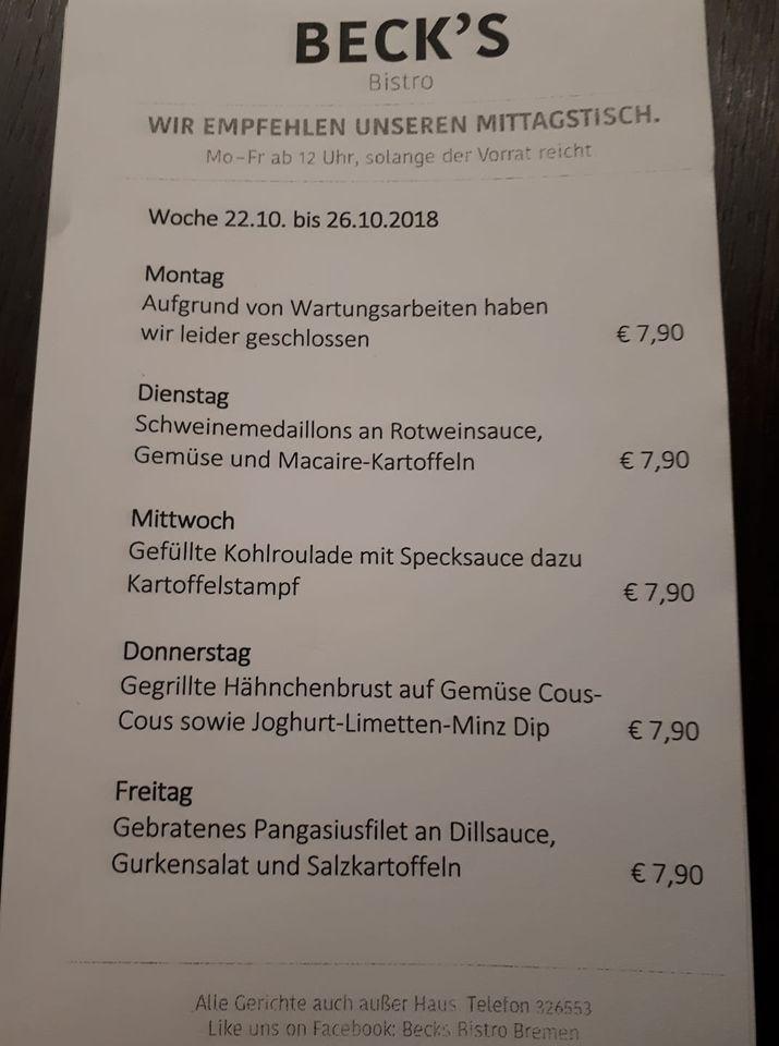 Speisekarte von Beck's Bistro restaurant, Bremen
