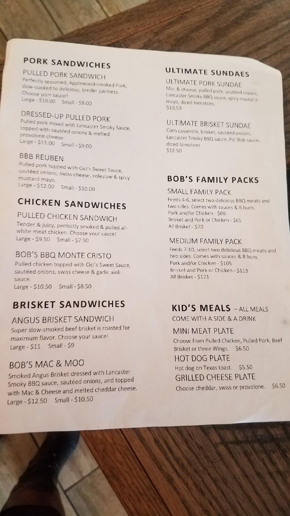 Menu at Bob’s Backyard Barbeque, Lancaster, 157 W Main St